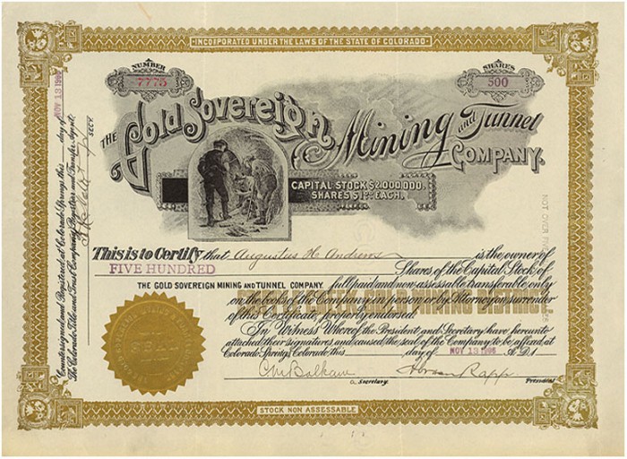 Acción minera de la Gold Sovereign Mining and Tunnel Company. Colorado ...