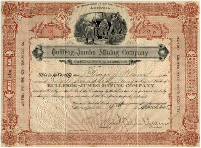 Acción minera de la Bullfrog-Jumbo Mining Company, Arizona, USA. Año ...