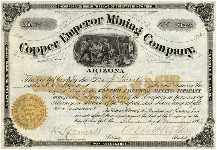 Acción minera de la Copper Emperor Mining Company, Arizona, USA. Año ...