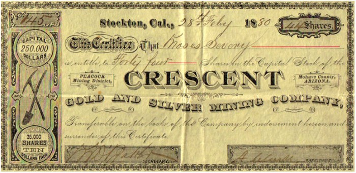 Acción minera de la Crescent Gold and Silver Mining Company, Arizona ...