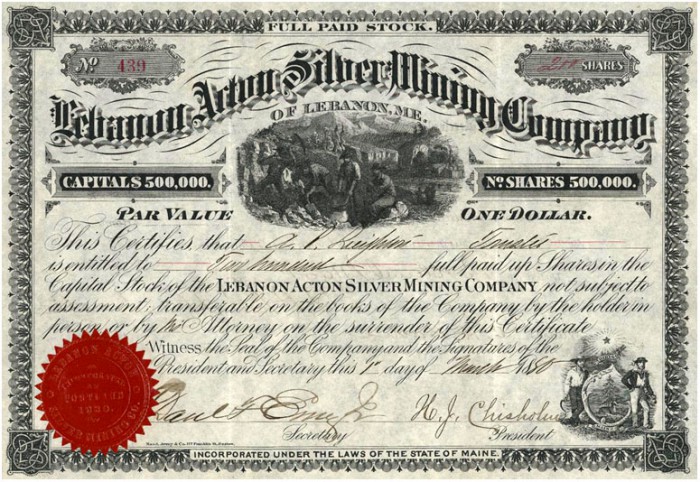 Acción minera de la Lebanon Acton Silver Mining Company, Maine, USA ...
