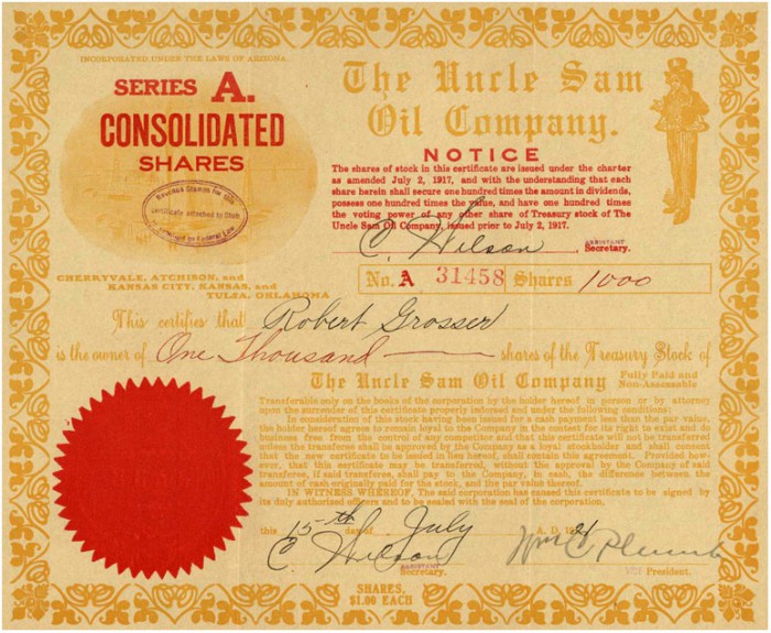Acción de la Uncle Sam Oil Company, Oklahoma, USA. Año 1921. - Archivo ...
