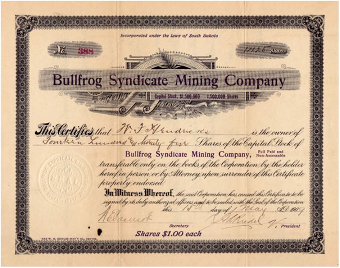 Acción minera de la Bullfrog Syndicate Mining Company, Dakota, USA. Año ...